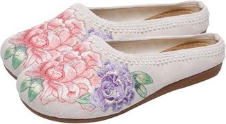 BESTONZON Chaussures Plates Brod&eacute;es pour Femmes Style Ethnique Taille 39 Couleur Blanche L&eacute;g&egrave;res et Confortables pour Int&eacute;rieur et Ext&eacute;rieur Chaussures de Sol &Eacute;