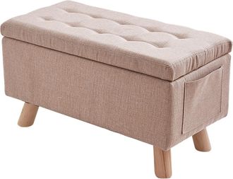 Generic Aufbewahrungsbank Aus Leinenmischung - Stabiler Fußhocker for Das Fußende des Bettes Mit Gepolstertem Kissen Und Seitentasche (Holzbeine, Großes Fassu