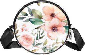 Generic Petit sac &agrave; bandouli&egrave;re circulaire pour femme, motif feuilles florales, sac &agrave; dos avec fermeture &eacute;clair, bretelles r&eacute;glables, sac &agrave; main rond d&eacute;contra