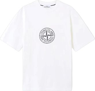 Stone Island Homme, Tops, Blanc, Taille: S All Around Compass Print Cotton Jersey T-Shirt