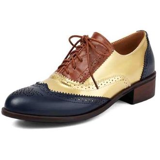Generic MiaZane Brogues Bicolores pour Femmes Oxford Color Block Talon Bloc 3cm pour Bureau et Usage Quotidien Bout Rond Fermeture &agrave; Lacets,dor,43 EU