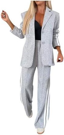 Generic Ensemble 2 pi&egrave;ces d&eacute;contract&eacute; &agrave; manches longues pour femme, veste ample et pantalon large avec poches, ensemble de d&eacute;tente d&eacute;t&eacute; assorti, gris, XXL