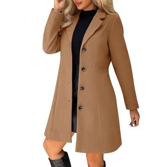 Generic Trench marron pour femme - Manteau long en laine &agrave; simple boutonnage pour affaires d&eacute;contract&eacute;es - Veste tendance automne-hiver avec revers crant&eacute;, ma