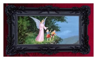 Made in Italy Barock Gemälde Bild Schutzengel Engel zwei Kinder am Felsen 96x57cm mit Rahmen Repro Antik look (Schwarz) 75B
