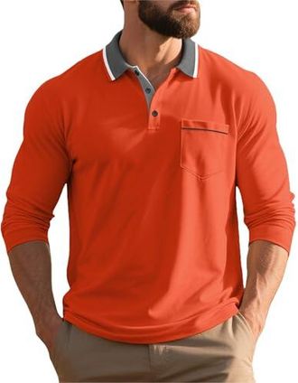 Generic Polo &agrave; manches longues pour homme avec poche en coton boutonn&eacute;e pour affaires et bureau - Pull d&eacute;contract&eacute; 2026, Orange, 3XL