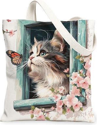 Generic Sac fourre-tout en toile motif chats persans printaniers 33 x 38,1 cm, motif floral amusant, r&eacute;utilisable, sac d&eacute;picerie pour femme, chaton, animal do