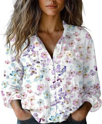 Generico Chemise Femme d&Eacute;t&eacute; D&eacute;contract&eacute;e Manches Longues Blouse en Lin Coton &Eacute;l&eacute;gant Respirant Chemisier Col en V L&eacute;ger Chemises Vintage Imprim&eacute; avec Boutons C