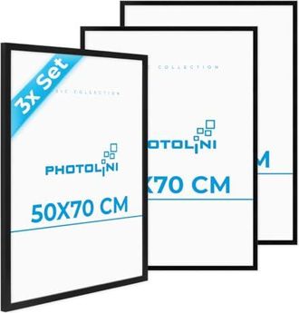 Photolini Cadre 50x70 noir bois MDF, lot de 3 cadre pour puzzle 50x70 et posters, cadre photos avec verre acrylique incassable, cadre photo 70x50 &agrave; suspendre, c