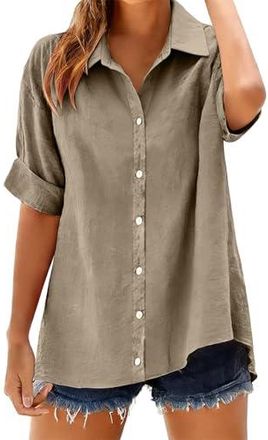 Generic Chemise en lin pour femme grande taille - Chemisiers &agrave; manches longues pour le travail en coton avec boutons &agrave; col popover, chemisier &agrave; &eacute;paules tomban