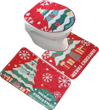 Generic Weihnachts-WC-Dekorationsset - U-WC-Deckelbezug für Weihnachten, festliche Boden-Szene, Requisiten, Anti-Rutsch-Matte, Cartoon-Design für Zuhause, Woh