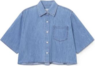 SoSUE Femme, Blouses et Chemises, Bleu, Taille: 36 FR Chemisier Denim &agrave; Manches Courtes Cropped