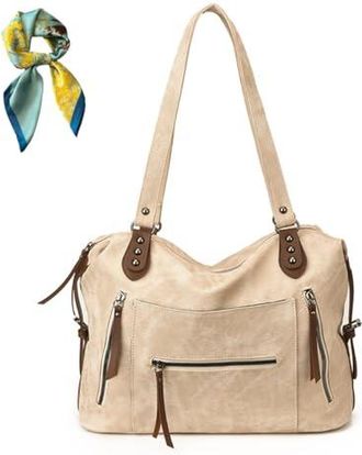 Generic Slouchy Shoulder Bag for Women Ladies,Large Capacity PU Leather Vintage Tote Bags,Underarm Hobo Handbag Purse Travel (Beige)