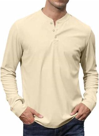 Generic Henley Chemises d&eacute;contract&eacute;es &agrave; manches longues et col en V pour homme, T-shirts l&eacute;gers et respirants pour le printemps et lautomne 2026, beige, XXL