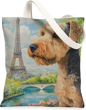 Generic Sac fourre-tout en toile motif chien Airedale Terrier printanier 33 x 38,1 cm, tour romantique, sac d&eacute;picerie r&eacute;utilisable pour femme, animal de compa