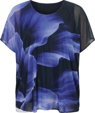 Ulla Popken Druckbluse Mesh-Bluse Bl&uuml;ten Oversized Rundhals Halbarm