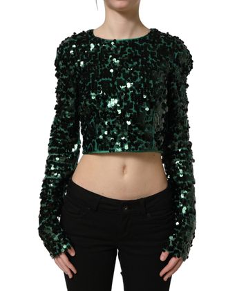 Dolce & Gabbana Womens Green Sequined Long Sleeves Crop Blouse Top Nylon