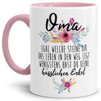 Tassendruck Tasse mit Spruch Oma - Wenigstens hast du keine hässlichen Enkelkinder - Geschenk-Idee/Witzig/Enkeltochter/Enkelsohn/Innen & Henkel Rosa