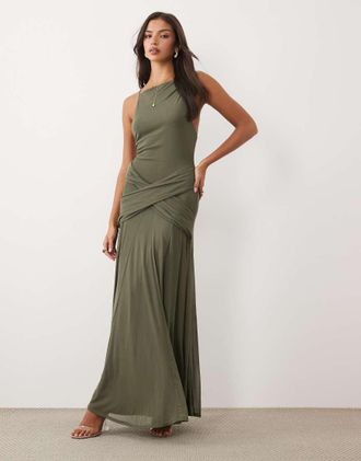 Asos Maxikleid aus Mesh ohne &Auml;rmel mit Godet und Wickeldetail vorn in Khaki-Gr&uuml;n