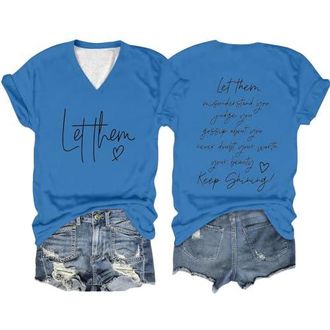 Generic T-shirt &agrave; manches courtes et col en V pour femme, bleu, XXL