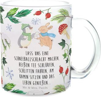 Mr. & Mrs. Panda Teetasse Pinguin Hase Schneeballschlacht - Geschenk, Glas Teetasse, Advent, Teebecher, Heiligabend, Winter, Teeglas, Tasse mit