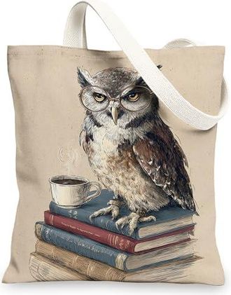 Generic Sacs fourre-tout en toile motif hibou, sacs à provisions réutilisables, rustiques, vintage, légers, lavables avec bandoulière, beige, 13x15 Inch
