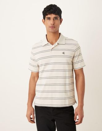 Calvin Klein Jeans Polohemd aus Jersey in Creme mit Streifen-Wei&szlig;