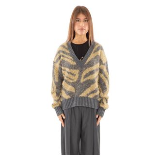 BABYLON Animalier V-Neck Sweater in Grigio - - Knitwear - Damen - Mehrfarbig - L