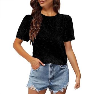 Generic Top femme &agrave; manches courtes avec paillettes, confortable chemisier ras du cou &agrave; sequins occasionnels pull top l&eacute;ger t-shirt basique pull top pour disc