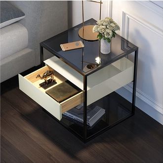 Generic Beistelltisch Aus Glas Und Holz Mit 3-stufiger Ablage for Wohnzimmer, Schlafzimmer, Moderner Couchtisch, 43 X 43 X 54 cm, Cremeweiß(Creamy-White)