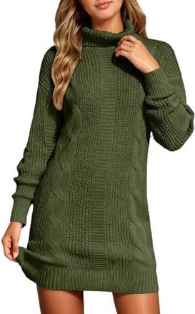 Generic Robe amincissante en tricot &agrave; manches longues et col roul&eacute; - Coupe ajust&eacute;e - Pull mi-long pour lautomne et lhiver, vert militaire, XXL