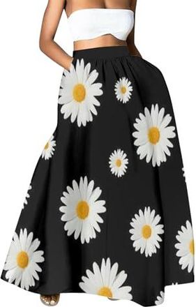 Generic Jupe midi pour femme - Jupe &agrave; imprim&eacute; floral - Taille haute - Avec poche de plage - Jupe trap&egrave;ze 2026, Noir, XXL