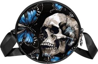 Generic Petit sac &agrave; bandouli&egrave;re circulaire pour femme, motif t&ecirc;te de mort, sac &agrave; dos avec fermeture &eacute;clair, bretelles r&eacute;glables, sac &agrave; main rond d&eacute;contract&eacute; p