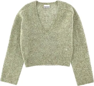 Ganni Wool-Blend V-Neck Sweater - Green