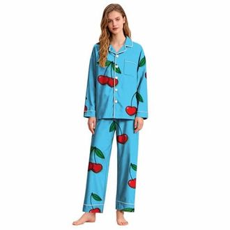 Generic Ensemble de v&ecirc;tements de nuit en satin de soie pour femme - Imprim&eacute; coeur - Pyjama &agrave; manches longues et pantalon - Ensemble 2 pi&egrave;ces - V&ecirc;tement de d&eacute;t