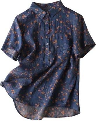 Generic Chemisiers d&eacute;t&eacute; d&eacute;contract&eacute;s en coton et lin &agrave; manches courtes pour femme - Imprim&eacute; floral - Col montant boutonn&eacute;, bleu, XXL