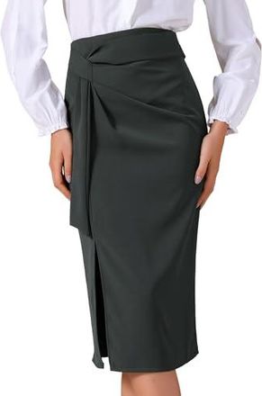 Allegra K Jupe Crayon Femme Mi-Longue de Business Coupe Droite Nouée à la Taille Ourlet Fendu Taille Haute Gris L