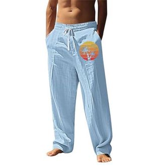 Generic Pantalon baggy en coton et lin pour homme, d&eacute;contract&eacute;, tendance, ample, imprim&eacute; noix de coco 3D, pantalon coupe r&eacute;guli&egrave;re, bleu, 3XL
