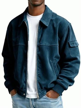 Generic Veste d&eacute;contract&eacute;e en velours c&ocirc;tel&eacute; pour homme - Veste l&eacute;g&egrave;re &agrave; manches longues et col zipp&eacute; avec poches, noir fonc&eacute;, 4XL