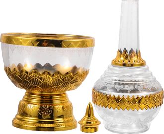 Holibanna Votiv wasserspender Glasbecher Ethnisches Design Spiritueller Trinkbecher f&uuml;r Hausaltar Buddhistische Segenssymbole Transparent Desktop Dekoration