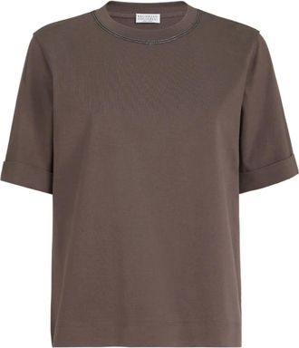 Brunello Cucinelli Femme, Tops, Brun, Taille: 38 FR T-shirt en jersey de coton avec d&eacute;tails brillants