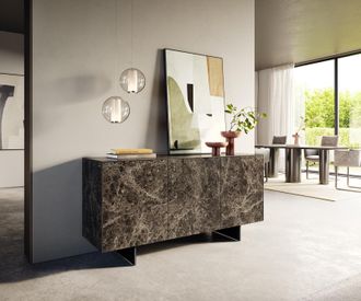 DELIFE Sideboard Cuor 150 cm Keramik Emperador Extra Lucidato Dunkelbraun 3 T&uuml;ren Fu&szlig; Schwebeoptik Metall Schwarz, Sideboards