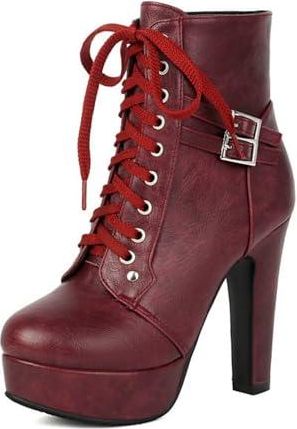 Generic Bottines courtes &agrave; lacets pour femme avec bout rond et gros talons carr&eacute;s avec boucle - Chaussures dhiver chaudes, rouge vin, 40.5 EU