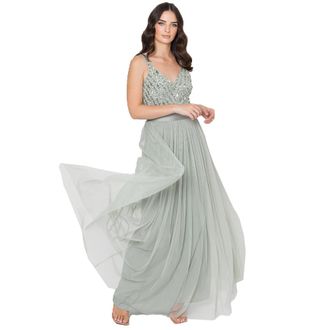 Maya Damen Maya Deluxe Maxi Evening Dress Womens Elegant for Wedding With V-neck Tulle Dress Womens With Bow Brautjungfernkleid, Green Lily, 52 EU