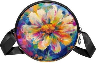 Generic Petit sac &agrave; bandouli&egrave;re circulaire pour femme, marguerite, sac &agrave; bandouli&egrave;re avec fermeture &eacute;clair, bretelles r&eacute;glables, sac &agrave; main rond d&eacute;contract&eacute; p