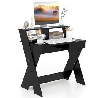 Giantex Bureau dordinateur avec tiroir et &eacute;tag&egrave;re pour ordinateur sur&eacute;lev&eacute;, table d&eacute;tude avec repose-pieds et pieds en forme de X, bureau avec &eacute;tag&egrave;re pour ma