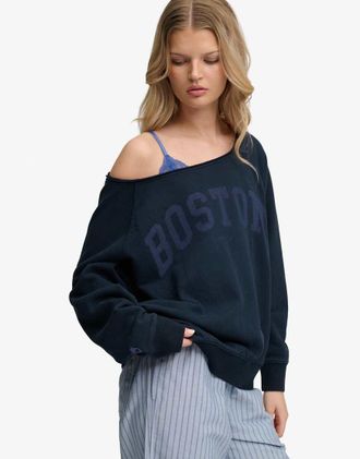 Superdry Athletic Essentials - Sweat ras de cou &agrave; encolure Bardot - Bleu marine &eacute;clipse