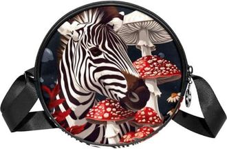 Generic Sac &agrave; bandouli&egrave;re rond pour femme, motif champignon z&eacute;br&eacute; avec fermeture &eacute;clair, bretelles r&eacute;glables, sac &agrave; main rond d&eacute;contract&eacute; pour femmes et fille