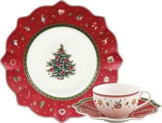 Villeroy & Boch Toys Delight Kaffeeservice 18-teilig, Frühstücksteller (25 cm) und Kaffeetassen mit Untertassen (170 ml), Weihnachtliches Kaffeegeschirr, Premium Porz