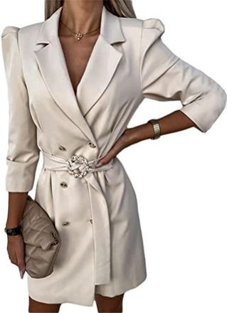 Minetom Femmes Robe Moulante Elegante Slim Fit Mini Robe Boutons Blazer Robes de Soir&eacute;e Bureau Manteau Veste avec Ceinture A Kaki M