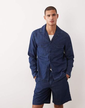 Mango Lang&auml;rmliges Hemd aus reinem Leinen in Blau mit Denim-Optik